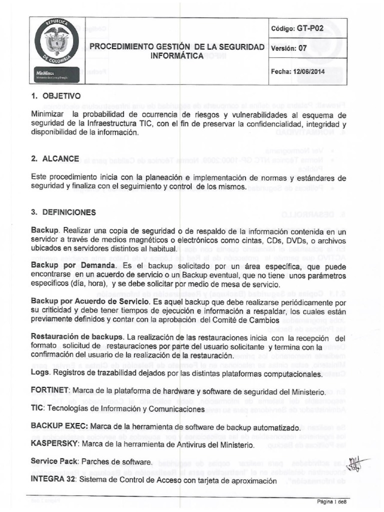 PROCEDIMIENTO GESTION DE LA SEGURIDAD INFORMATICA GT-P-02 V07 | PDF ...