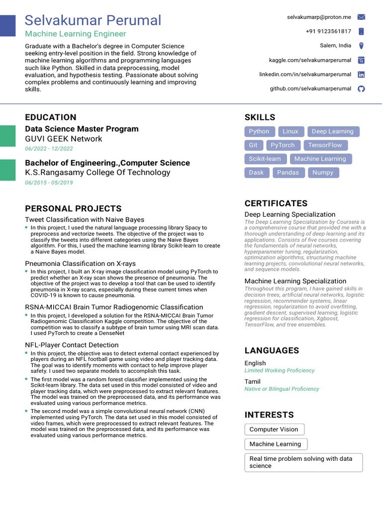 Selvakumar Perumal: Education Skills | PDF | Machine Learning | Deep Learning