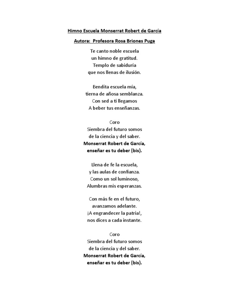 Himno Escuela Monserrat Robert de García Autora: Profesora Rosa Briones ...