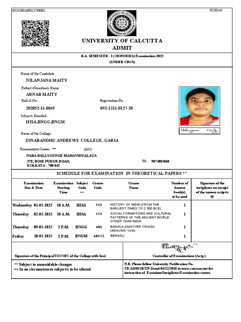 University of Calcutta Admit: Nilanjana Maity | PDF | Bengal