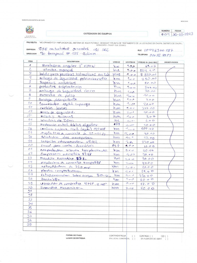Cotizacion 01 AGUA CHUPA PTAR | PDF