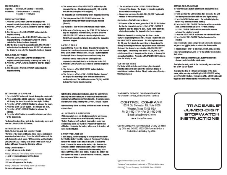 Control Company 1051 Instruction Manual | PDF | Clock | Manufactured Goods