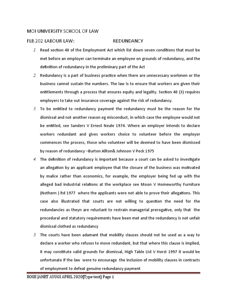 FLB 202 Labour Law - Redundancy | PDF | Layoff | Employment