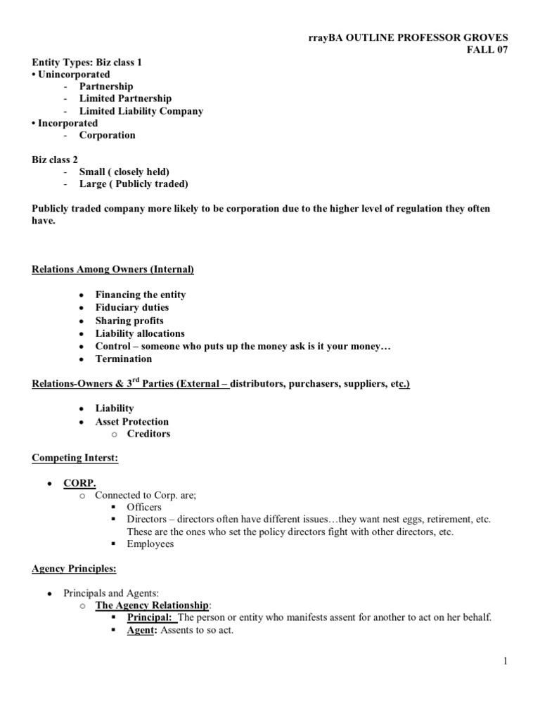 Ba Outline Professor Groves | PDF | Partnership | Law Of Agency