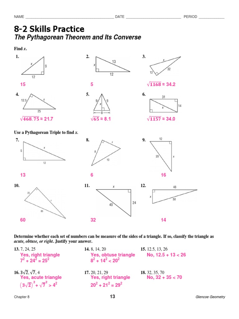8-2 Skills Practice: The Pythagorean Theorem and Its Converse | PDF
