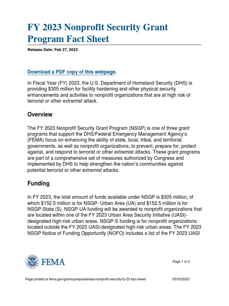 FY 2023 Nonprofit Security Grant Program Fact Sheet | PDF | Federal Emergency Management Agency ...