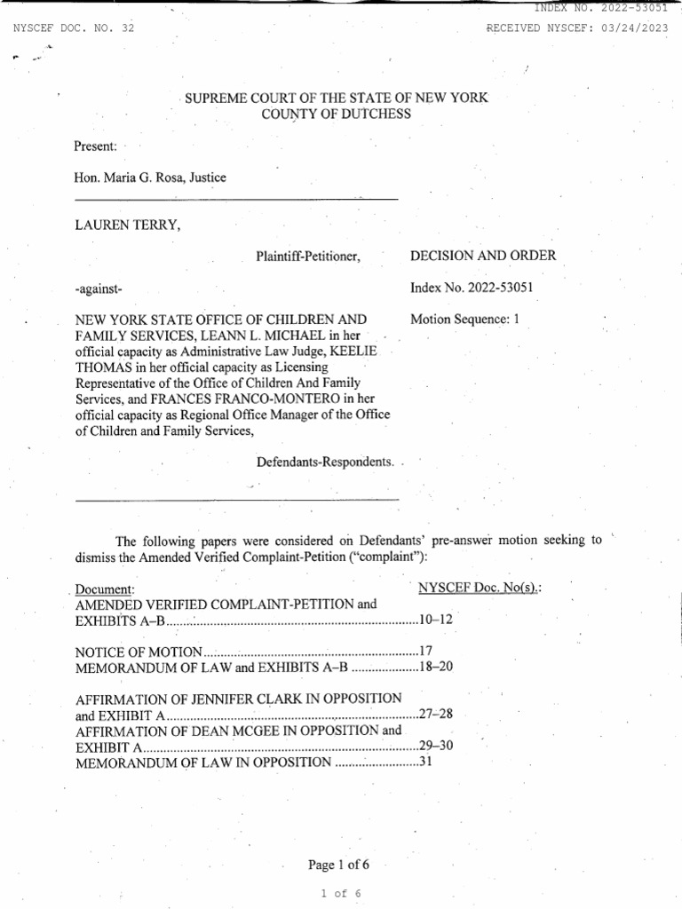 Terry V OCFS 03.24.2023 Decision Order On Motion To Dismiss | PDF ...