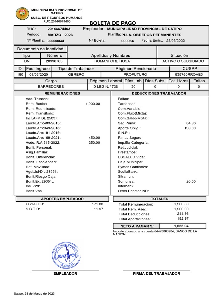 Boleta de pago de una trabajadora de limpieza de la Municipalidad ...