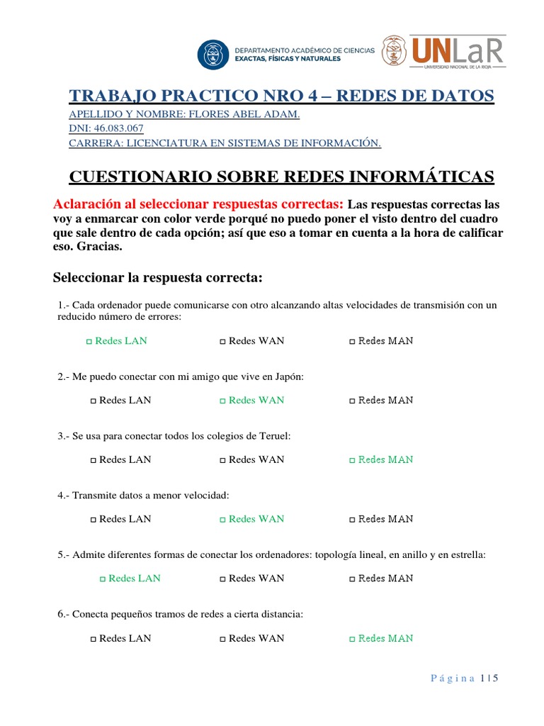 Cuestionario Sobre Redes Informaticas - TRABAJO | PDF | Red de computadoras | Controlador de ...