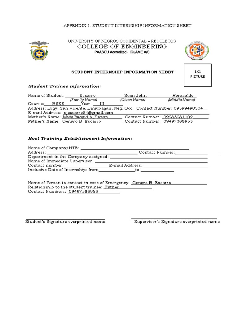 College of Engineering: Appendix 1. Student Internship Information Sheet | PDF | Internship ...