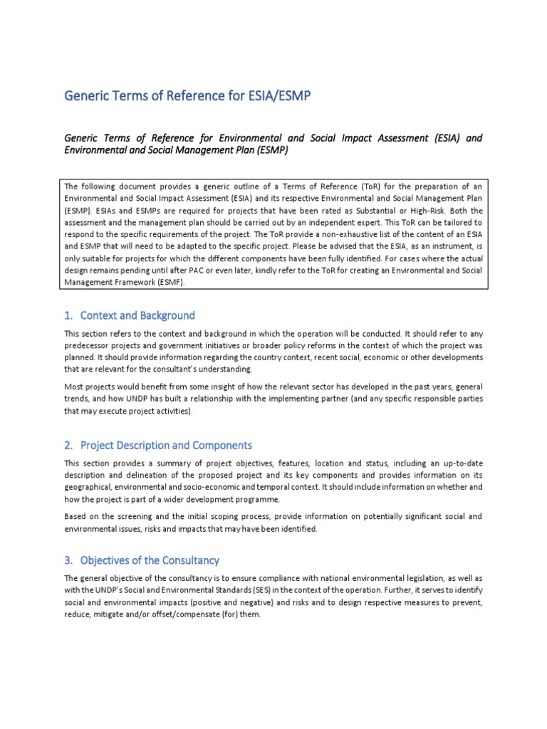 Generic Terms of Reference for ESIA | PDF | Capacity Building ...