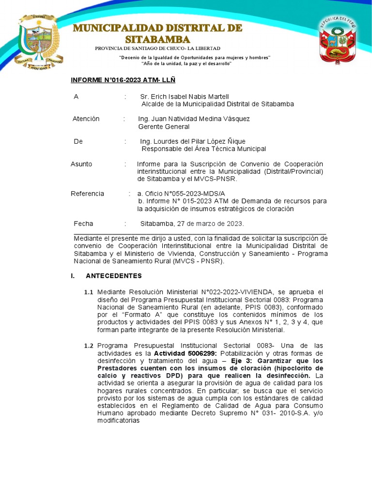Modelo de INFORME N°016-2023 ATM - XXXX Acta y Acuerdo para Suscripción ...