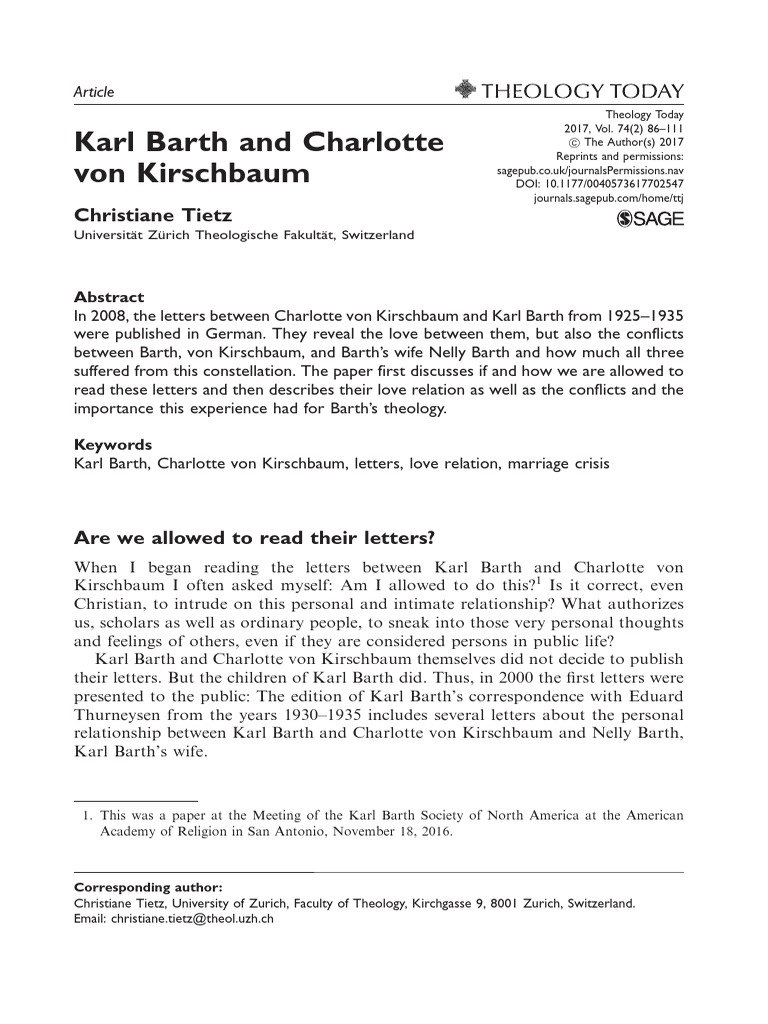 Christiane Tietz, Karl Barth and Charlotte Von Kirschbaum | PDF | Karl ...