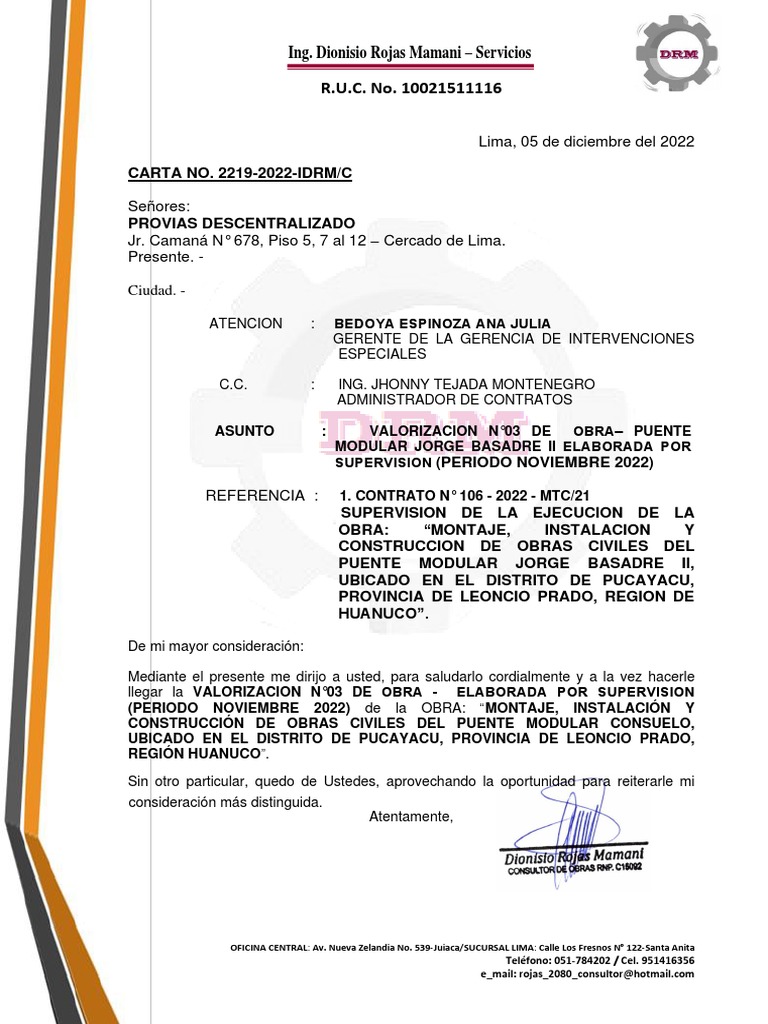 Informe de Valorización N°3 de la obra de construcción del Puente Modular Jorge Basadre II en ...