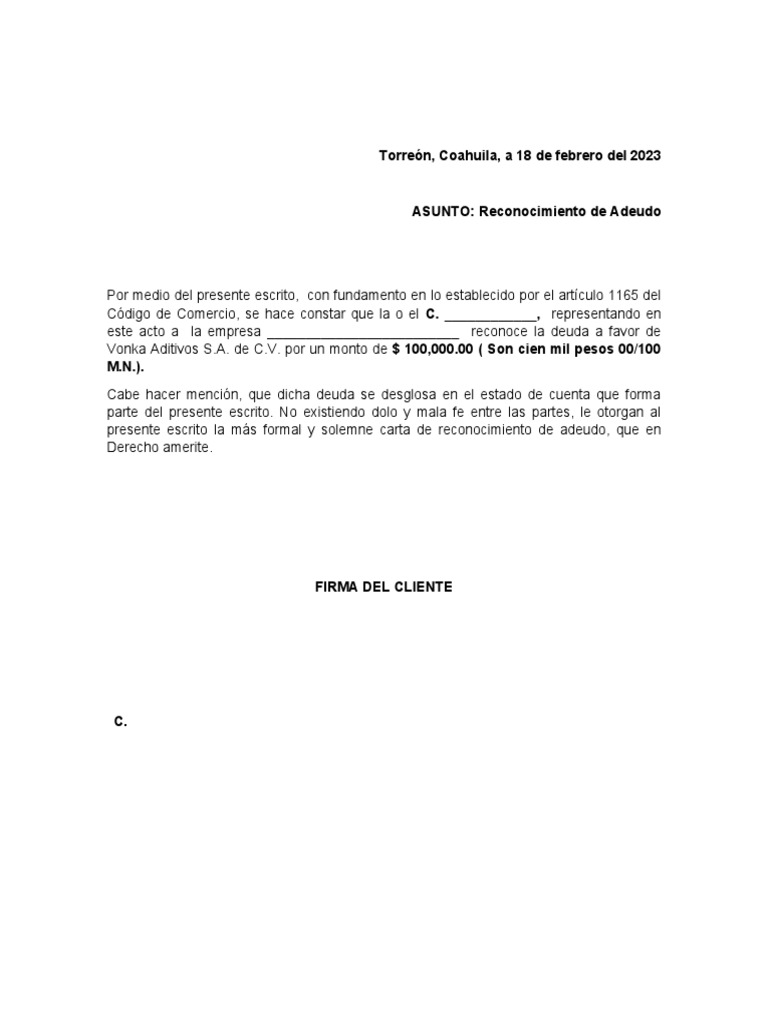 Carta Reconocimiento de Deuda VONKA 2023. PERSONA MORAL | PDF