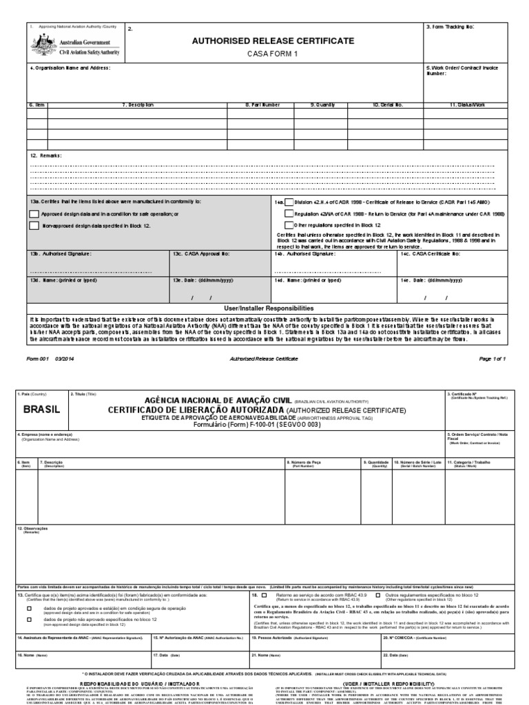 Authorised Release Certificate: Casa Form 1 | PDF | Federal Aviation ...