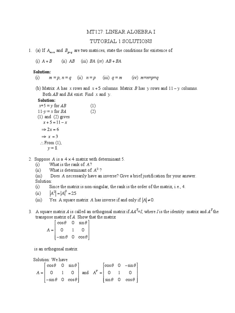 Mt127: Linear Algebra I Tutorial 1 Solutions: Solution | Download Free PDF | Matrix (Mathematics ...