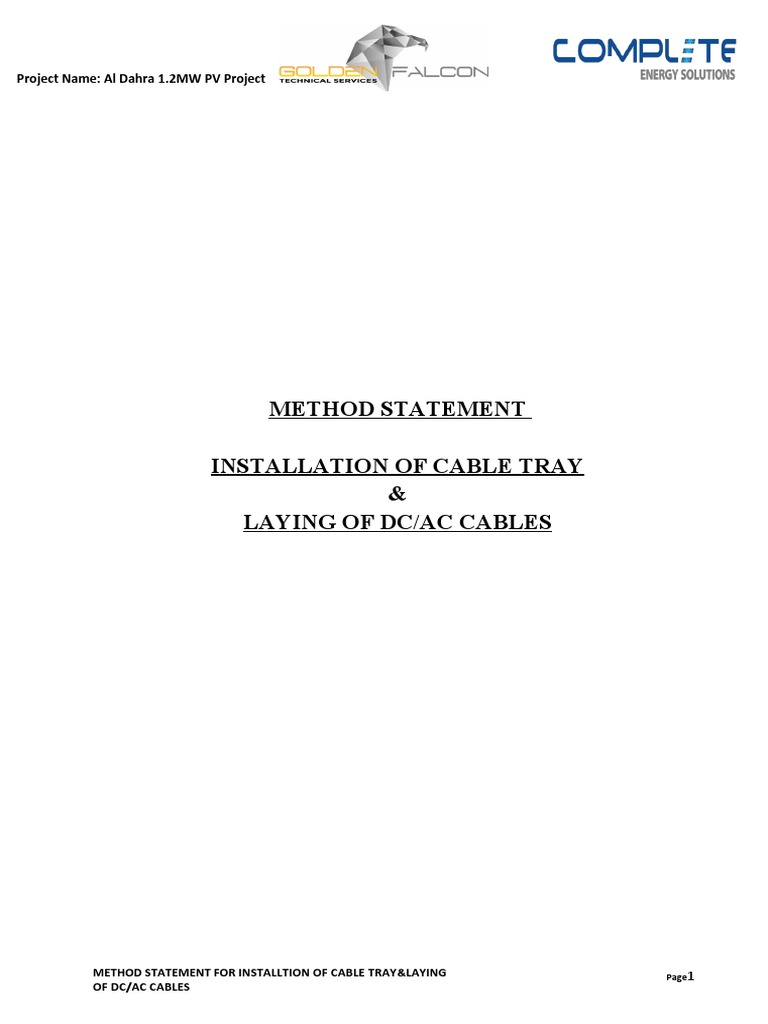 Method Statement - Installation of Cable Tray & Laying of DC, AC Cables | PDF | Personal ...
