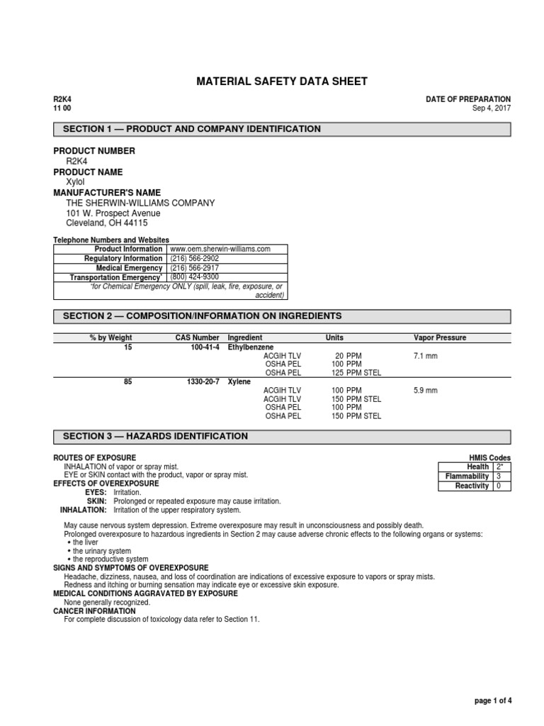 Sherwin-Williams Xylol Safety Data Sheet | PDF | Volatile Organic ...