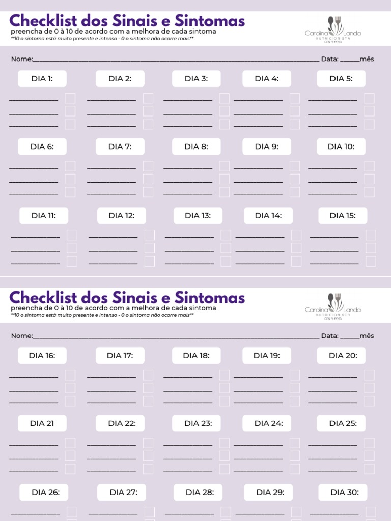 Checklist de monitoramento de sintomas ao longo de 30 dias | PDF
