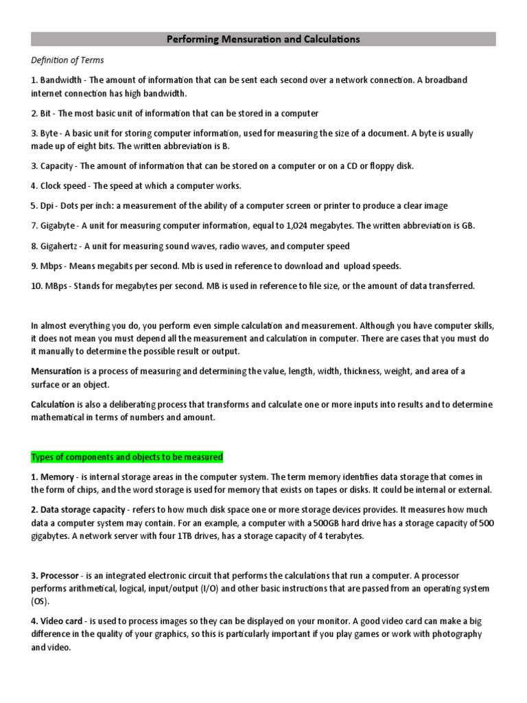 Performing Mensuration and Calculations: Definition of Terms | PDF | Byte | Computer Data Storage