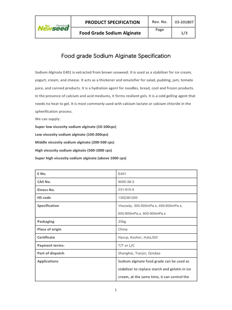 Food-grade-Sodium-Alginate-Specification | PDF | Materials | Food And Drink