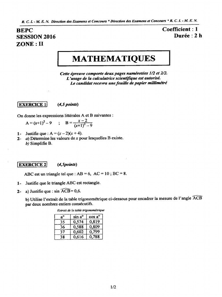 Bepc Z2 Math 2016 | PDF