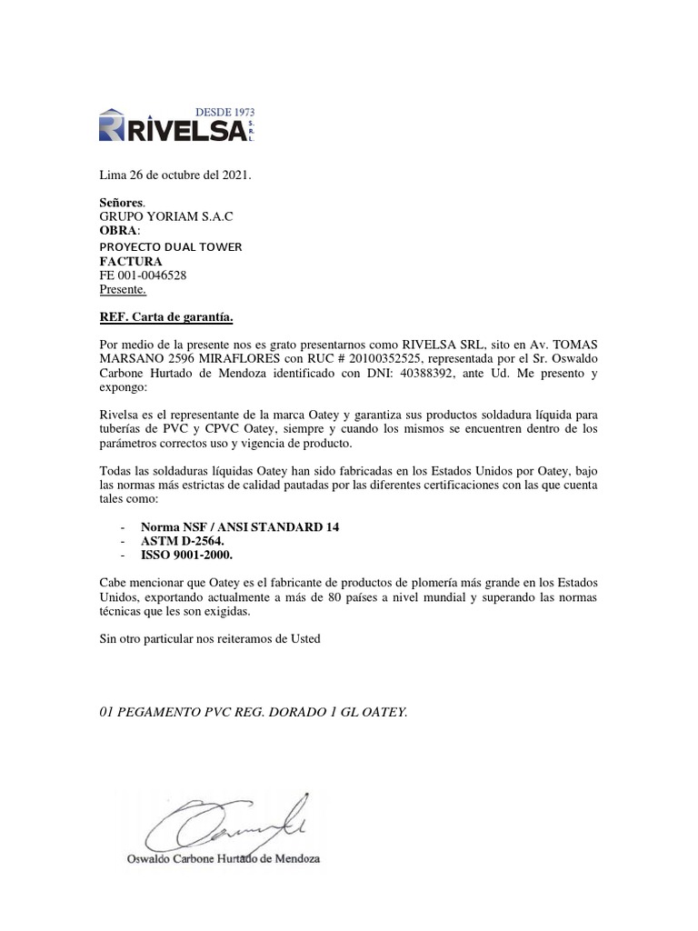 Garantía de productos Oatey por Rivelsa | PDF | Tecnología