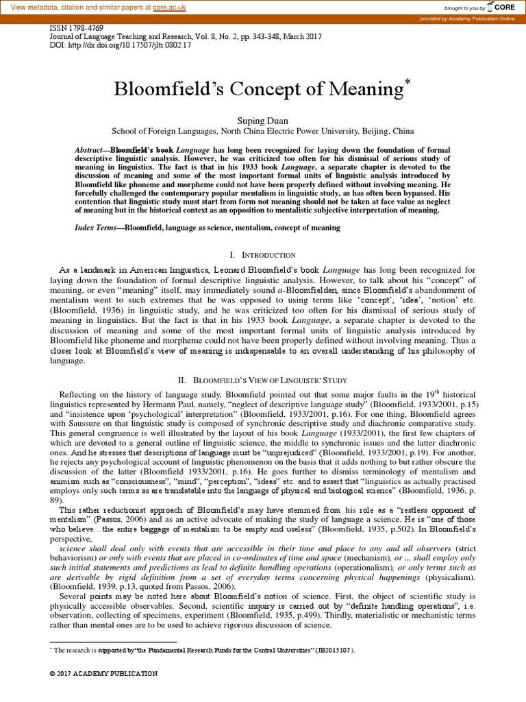 Bloomfield's Concept of Meaning: Suping Duan | PDF | Linguistics ...