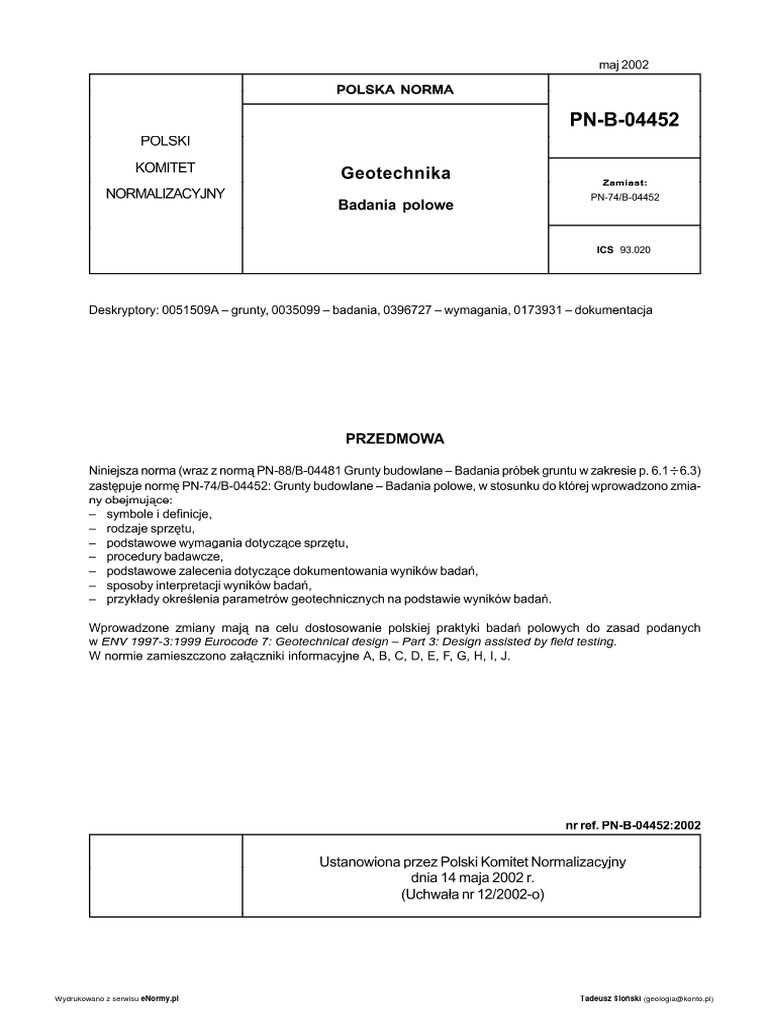PN-B-04452 Geotechnika Badania Polowe | PDF