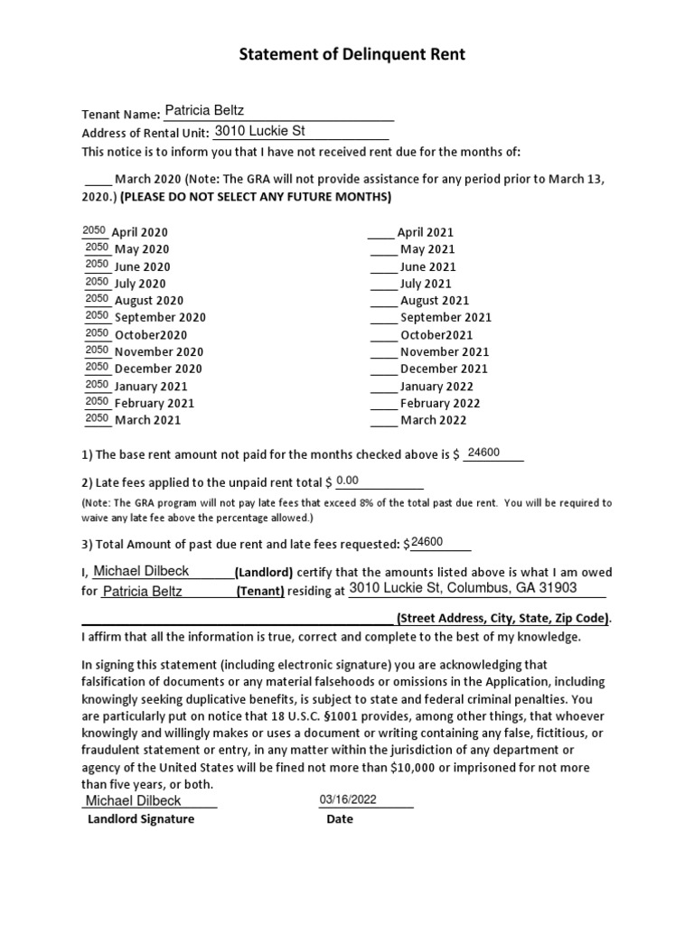 Statement of Delinquent Rent: Patricia Beltz 3010 Luckie ST | PDF ...