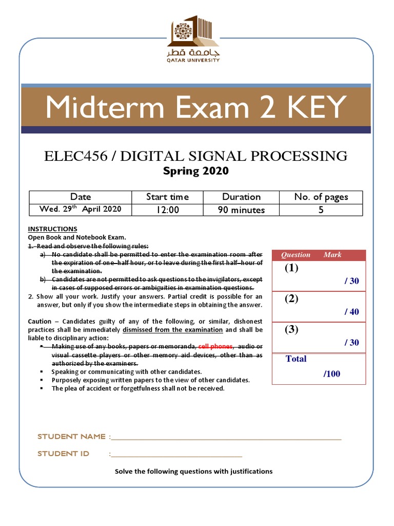 Midterm - Exam - 2 - SPRING - 2020 KEY | Download Free PDF | Discrete Fourier Transform ...