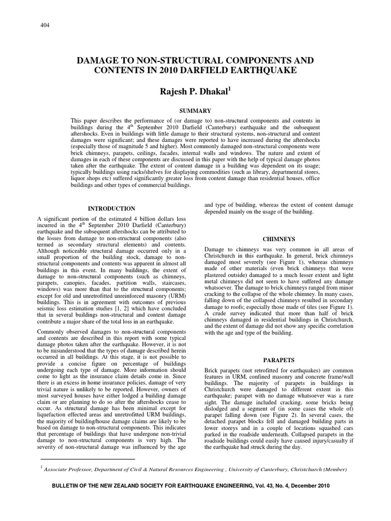 Damage To Non-Structural Components and Contents in 2010 Darfield Earthquake Rajesh P. Dhakal ...