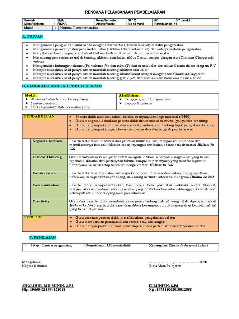 RPP Fisika: Hukum Termodinamika XI | PDF | Karier & Perkembangan ...