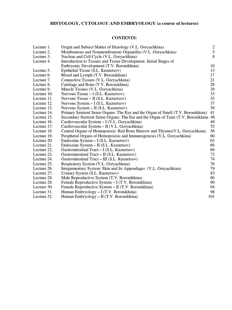 HISTOLOGY, CYTOLOGY AND EMBRYOLOGY (A Course of Lectures) : Contents ...