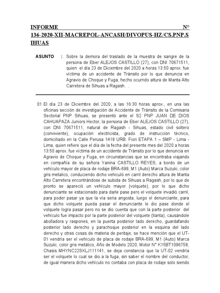 Informe sobre Choque y Fuga en Sihuas | PDF | Transporte | Vehículos
