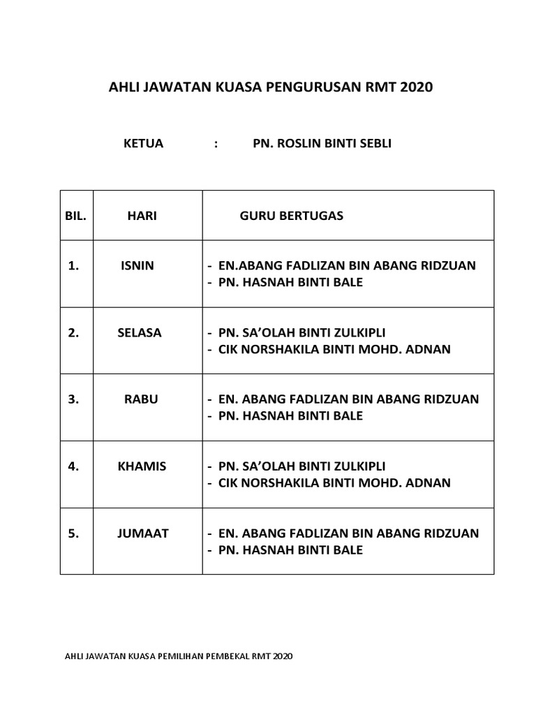Ahli Jawatankuasa Pemilihan Pembekal RMT 2020 | PDF