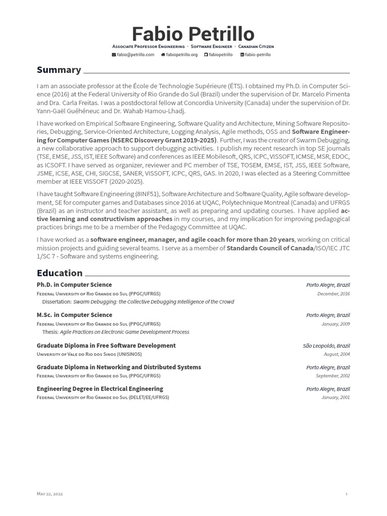 Fabio Petrillo: Ing For Computer Games (NSERC Discovery Grant 2019-2025) - Further, I Was The ...