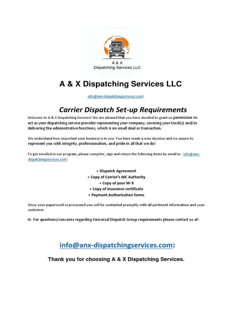 A & X Dispatching Services LLC: Carrier Dispatch Set-Up Requirements | PDF | Insurance | Cargo