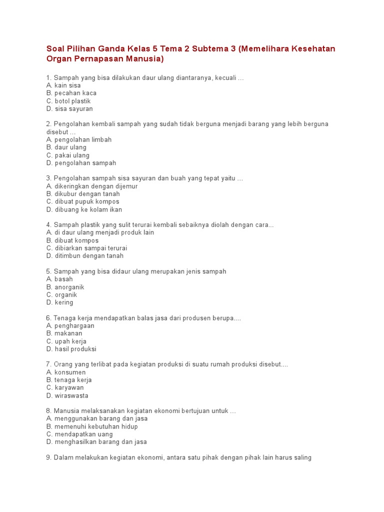 Soal Pilihan Ganda Kelas 5 Tema 2 Subtema 3 | PDF