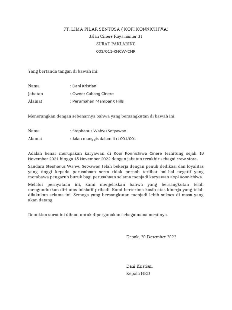 Contoh Surat Paklaring | PDF