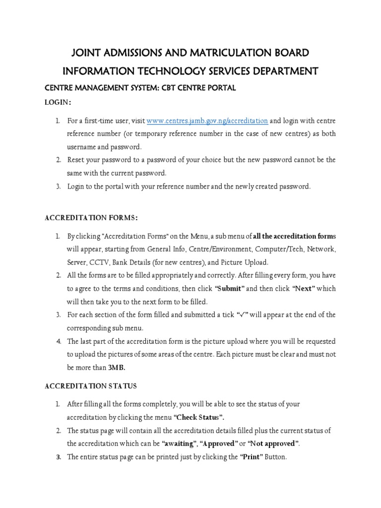 CBT Centres User Guide For Accreditation | PDF | Finance & Money Management | Computers