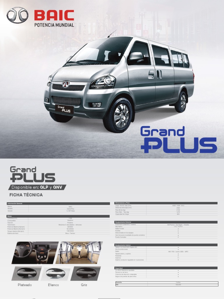 Descripción técnica detallada del vehículo BAIC Grand Plus con especificaciones de dimensiones ...
