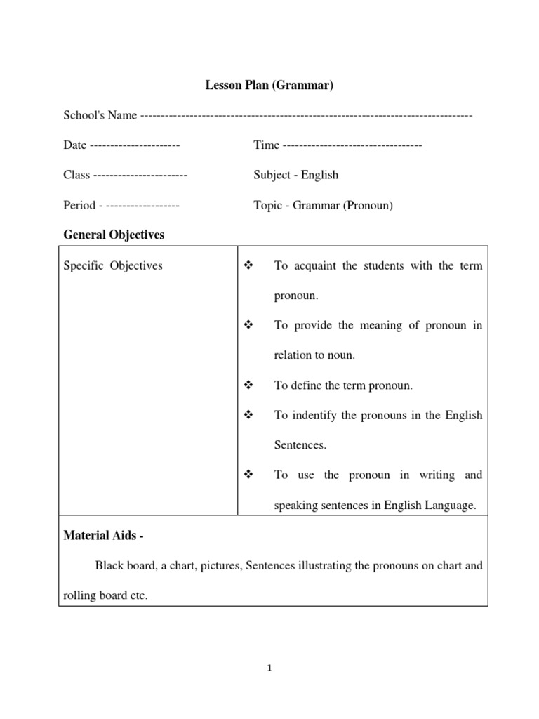 Lesson Plan (Grammar) | PDF | Pronoun | English Language