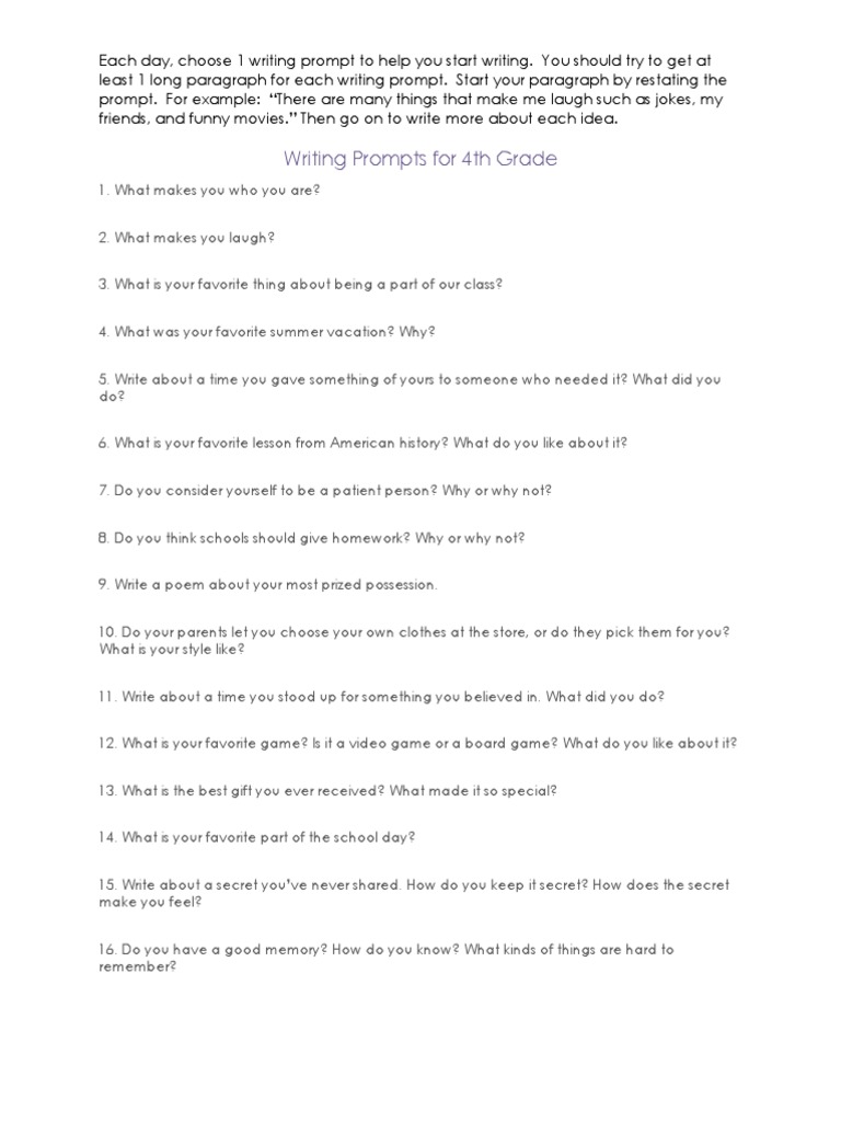 Engaging Writing Prompts for 4th Grade | PDF | Self-Improvement ...