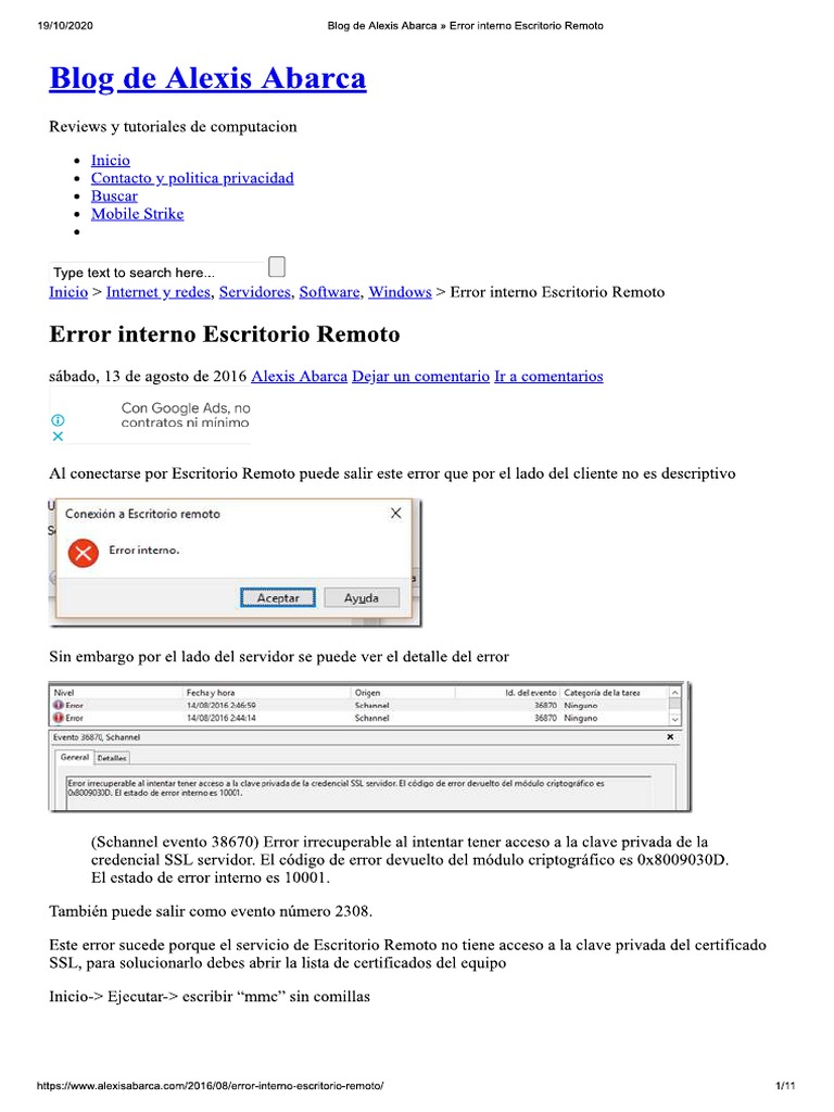 Blog de Alexis Abarca Error Interno Escritorio Remoto | PDF