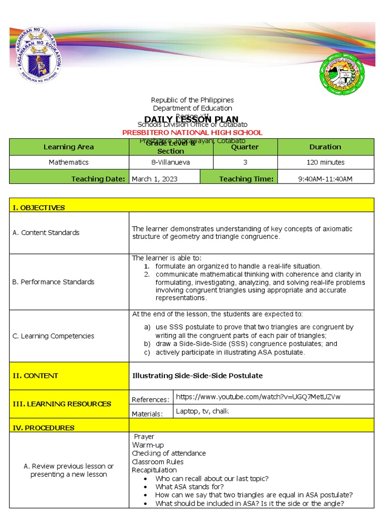 SSS Postulate Lesson Plan for Grade 8 | PDF
