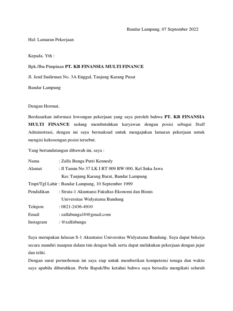 Surat Lamaran Pekerjaan Zalfa Bunga KB | PDF