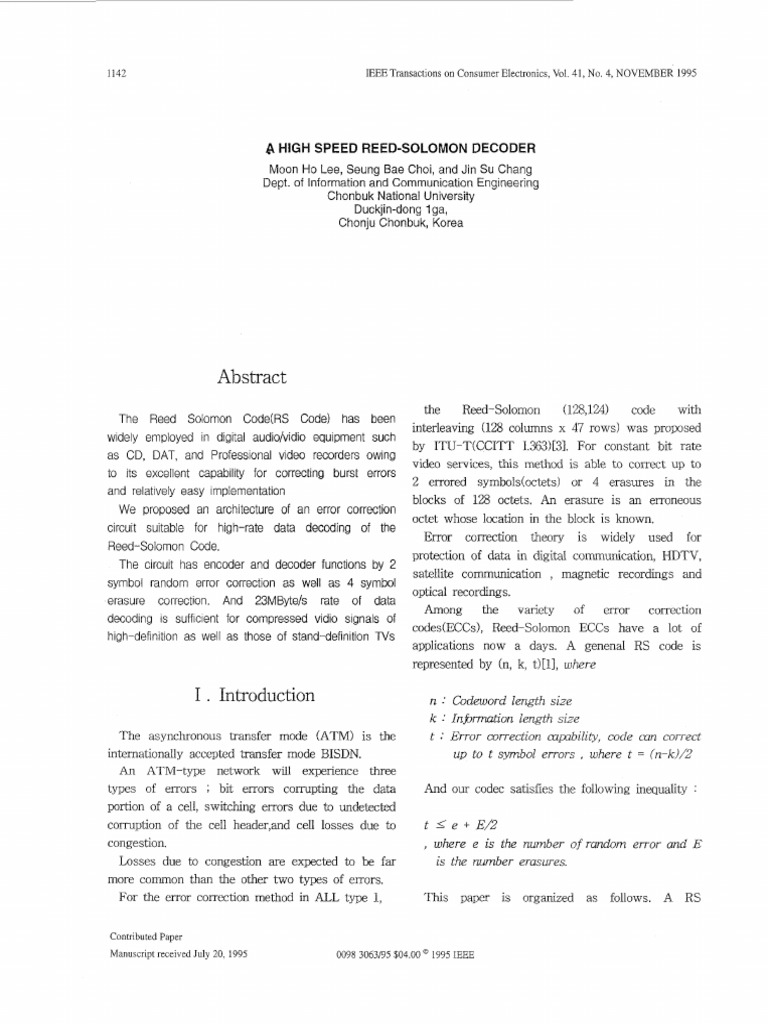 A High Speed Reed-Solomon Decoder | PDF | Computer Science | Computer Architecture
