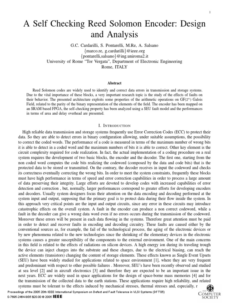 A Self Checking Reed Solomon Encoder Design and Analysis | PDF | Computer Science | Computer ...
